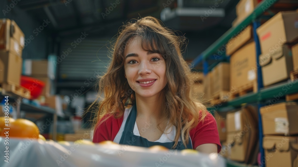 Fotografie Free food is prepared by a happy female volunteer at a local ...