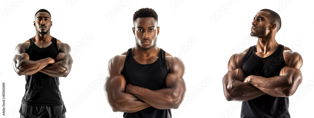 set of a strong young athlete man wearing black tank top showing big ...