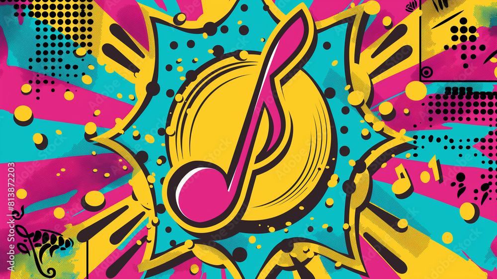 Pop art comic musical note poster. Colorful background in pop art retro ...