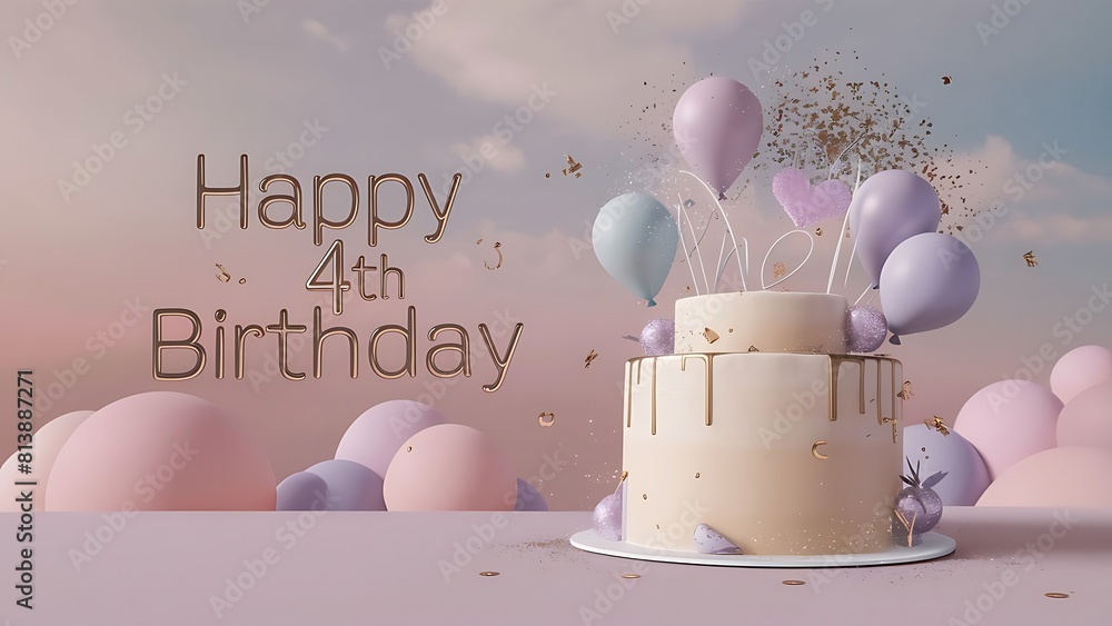 Minimalist 3D Pastel theme Happy 4th Birthday Background With ...
