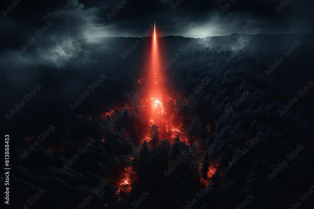 An artistic view of a red warning flare lighting up a dark forest, top ...