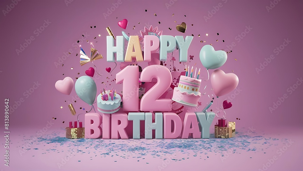 Ilustración de Stock Minimalist 3D Pastel theme Happy 12th Birthday ...