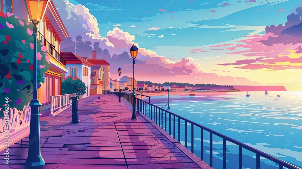 Boardwalk in flat design side view seaside stroll theme animation ...