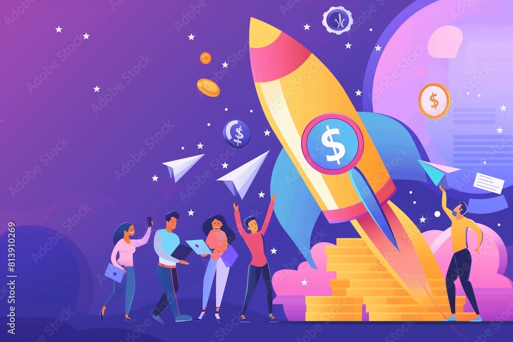 Illustration of a team lifting a rocket with a money symbol on a pile ...