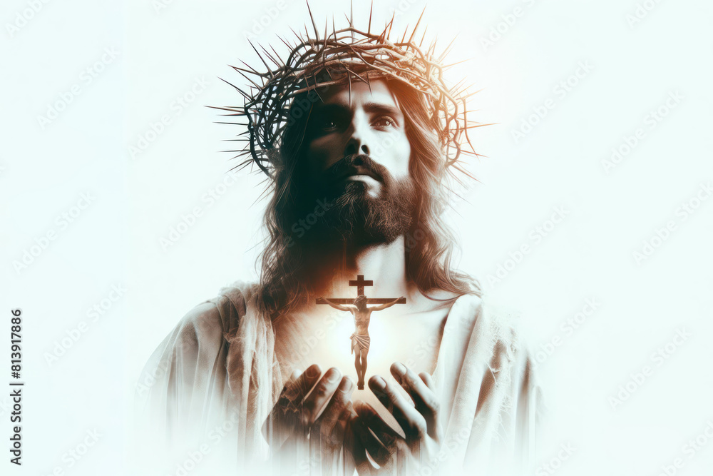 double exposure Jesus Christ wearing crown of thorns Passion and ...