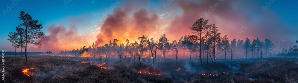 A forest fire in the Scandinavian pine forests at dawn, flames and ...