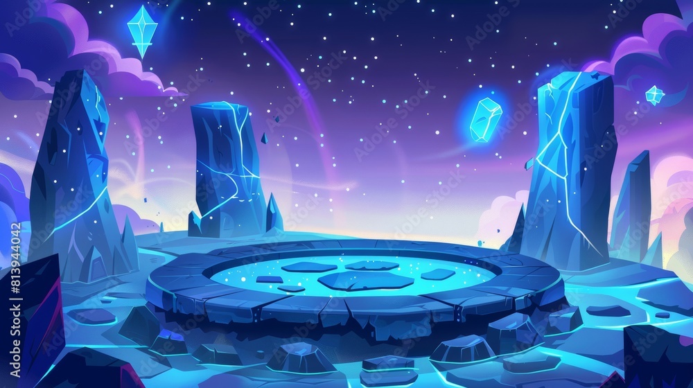 Stone platform with a space background. Cartoon illustration of a ...