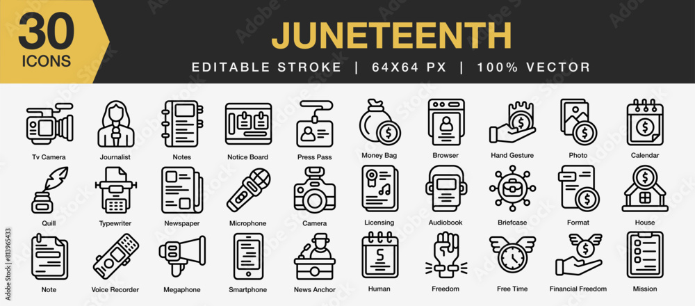 Set of 30 Juneteenth icon set. Editable Stroke Icon Collection ...