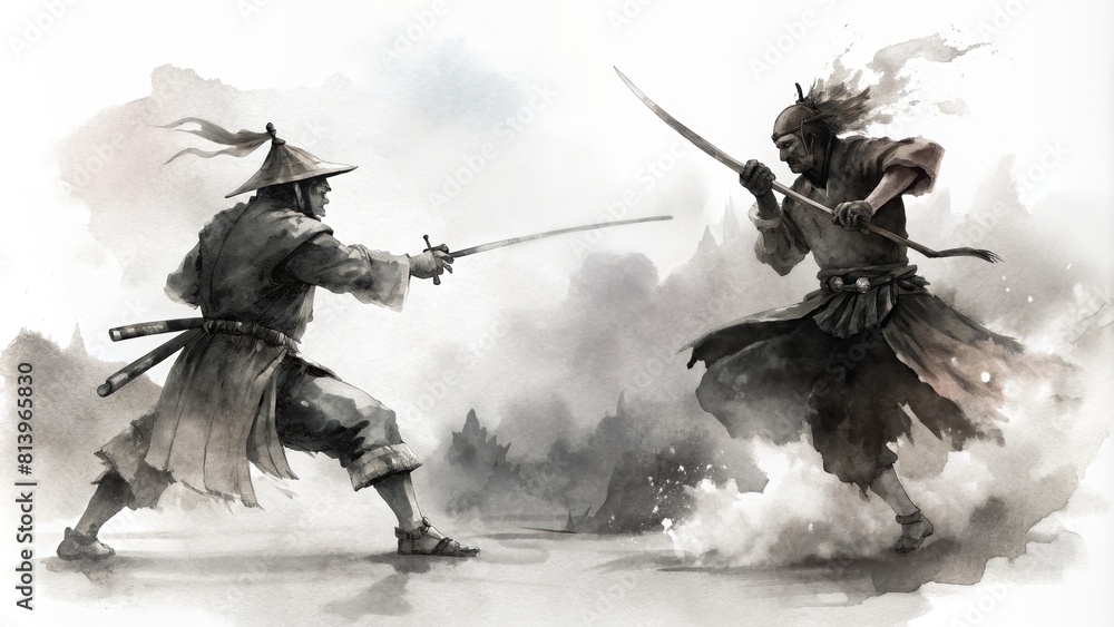 Watercolor illustration of Samurai battles Traditional Japanese ink ...