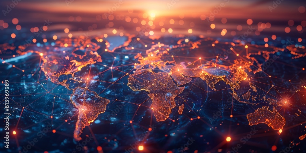 A digital map of the world with glowing connections between cities ...