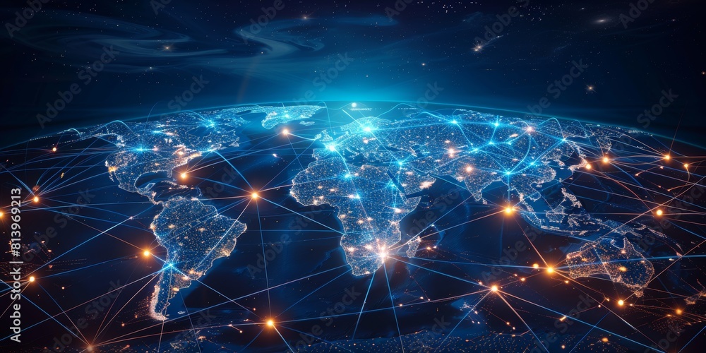 A digital map of the world with glowing connections between cities ...