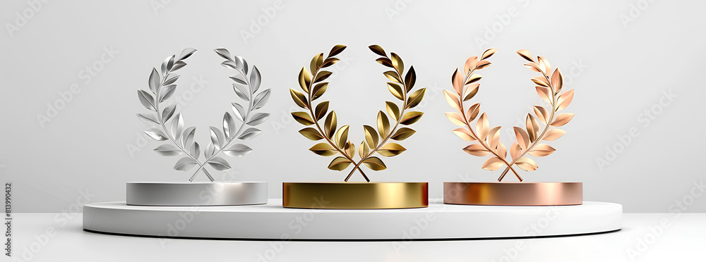 3 podium pedestal with golden laurel wreath on blank background. Award ...