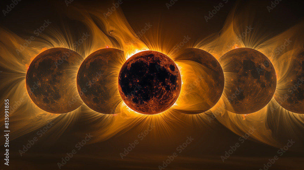 Solar eclipse with crown, illustration of eclipse stages, natural ...