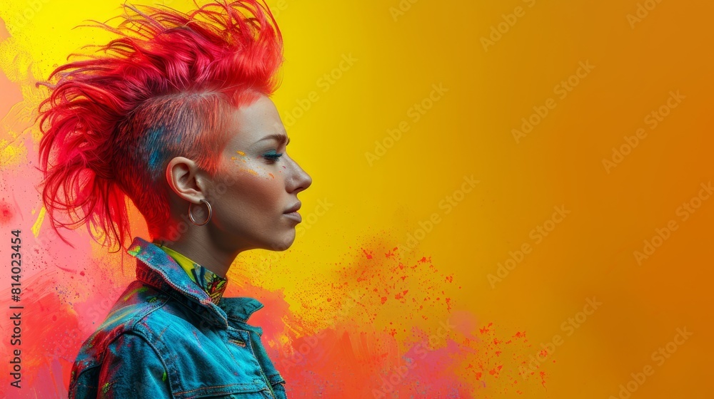 Profile of a stylish punk woman with a vibrant mohawk, wearing a denim ...
