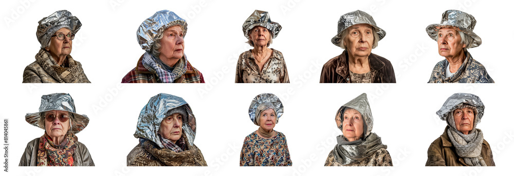 Set of Senior women in reflective tin foil hats with expressive faces ...