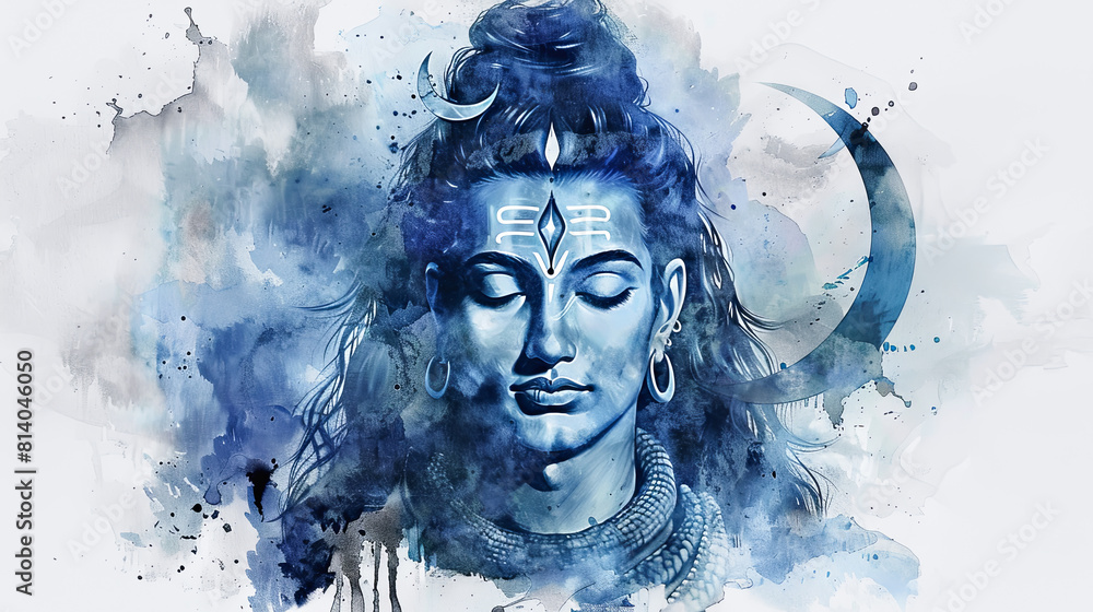 Beautiful digital artwork of lord Shiva with a crescent moon on a white ...