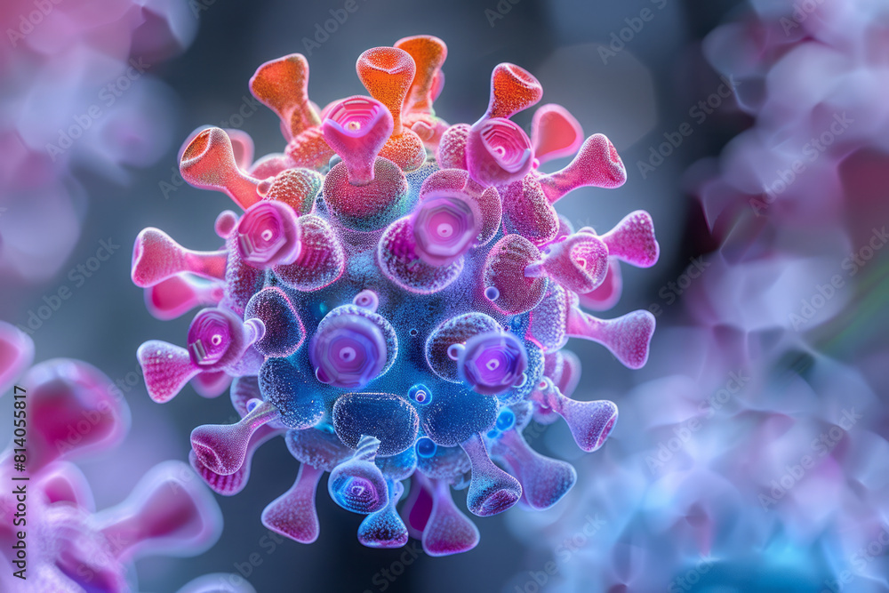 Colorful interpretation of a rhinovirus, with its capsid structure ...