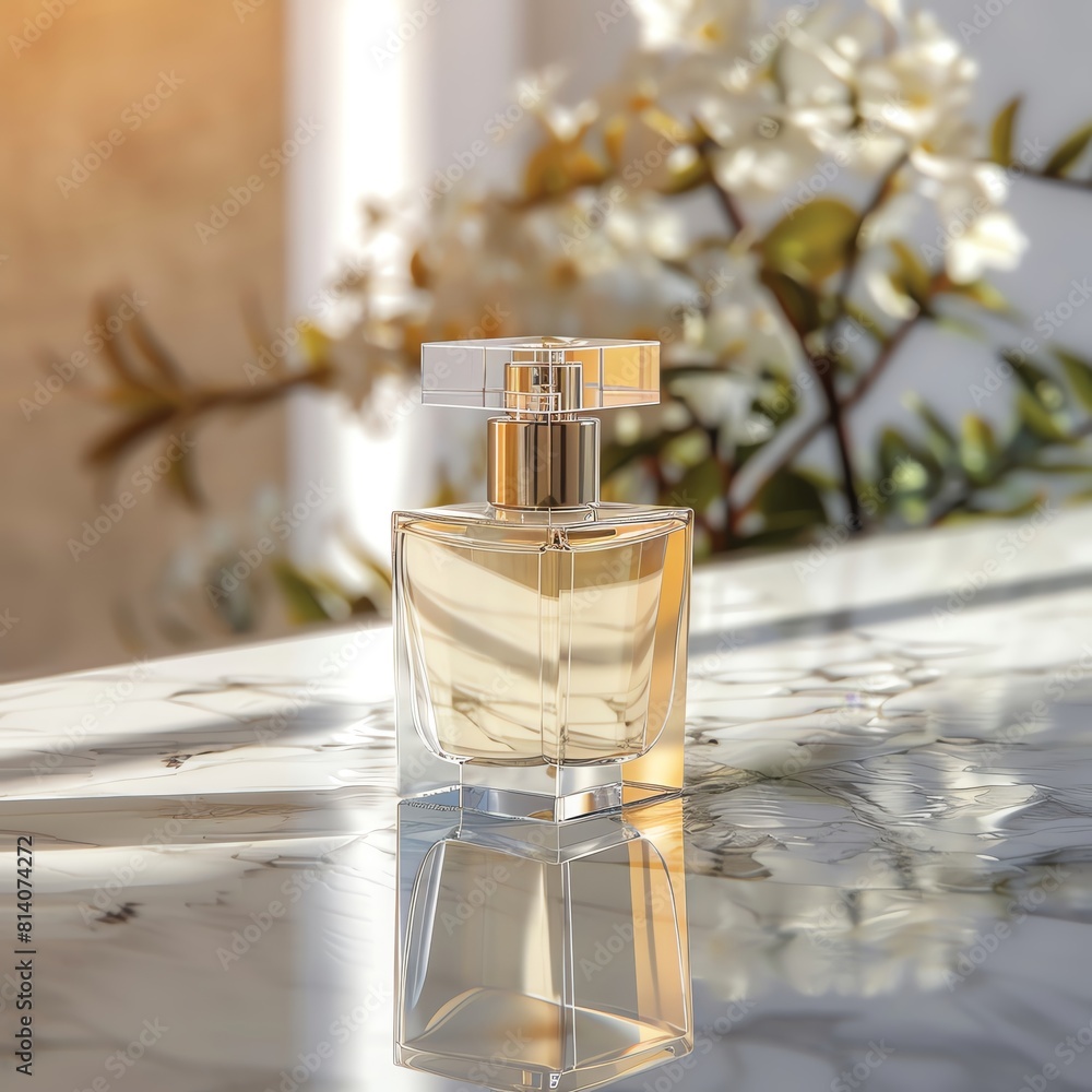 Simple, rectangular glass perfume bottle on a reflective marble ...