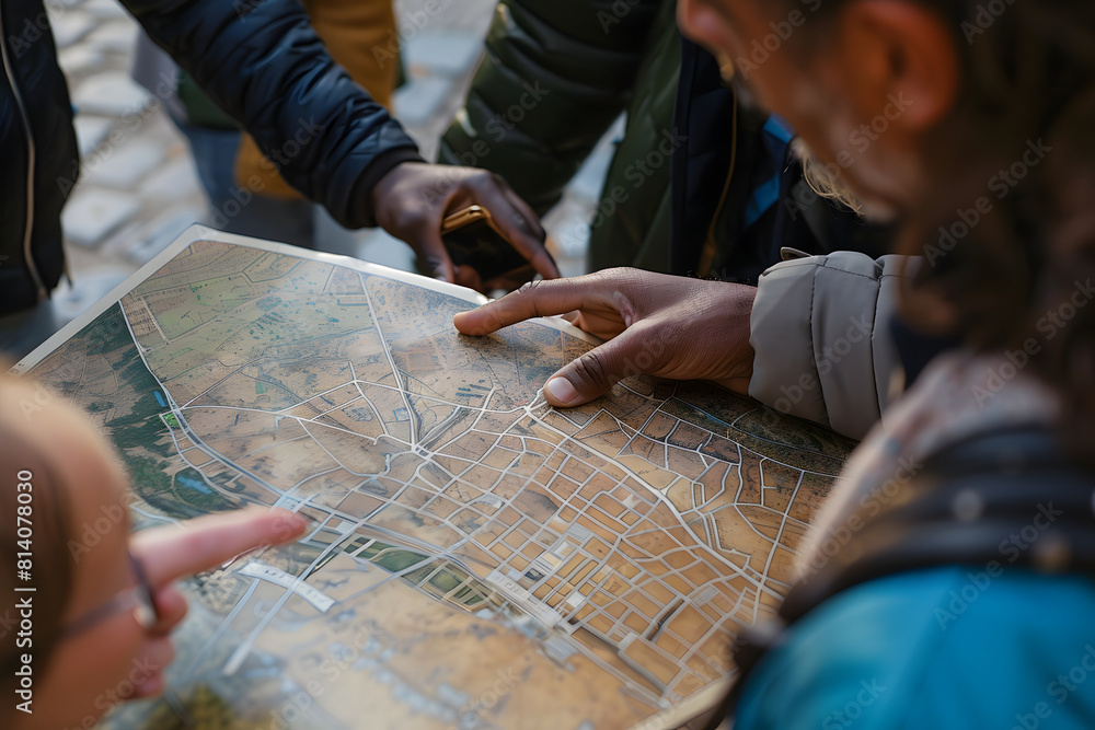a tour guide's hands holding a map and guiding tourists through a ...