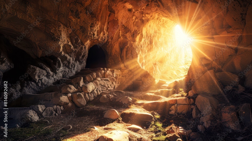resurrection of Jesus Christ on easter morning, tomb with a stone cave ...