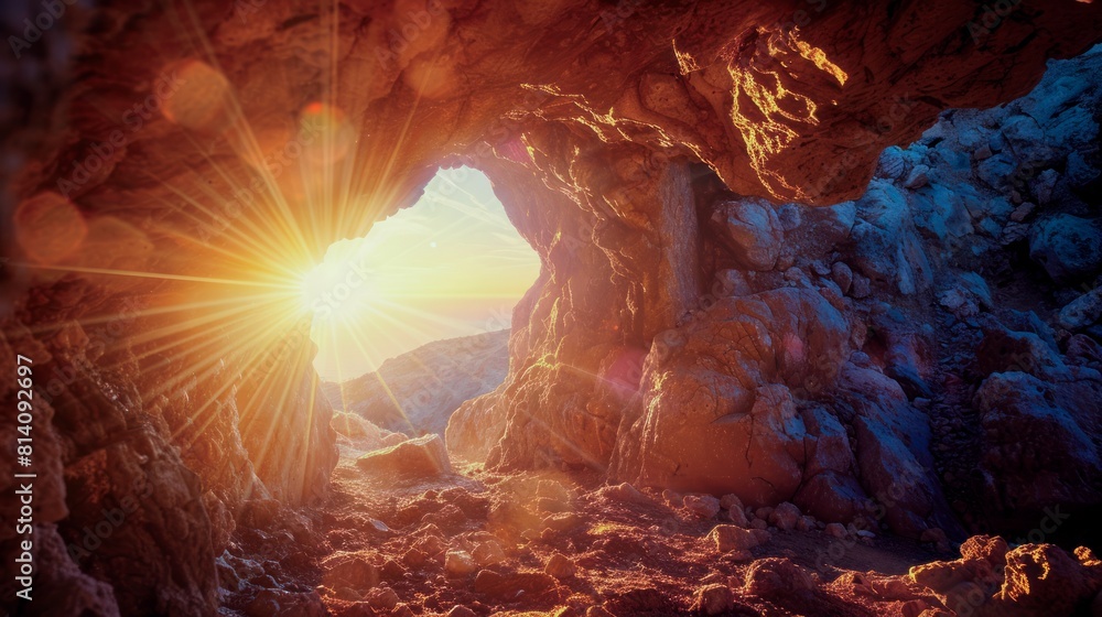 tomb with a stone cave and beams of light emanating from inside ...