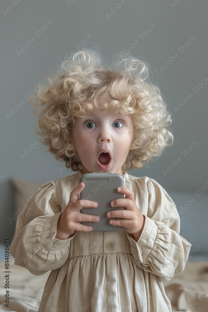 Funny shocked little kid with smoke of nuclear explosion overhead ...