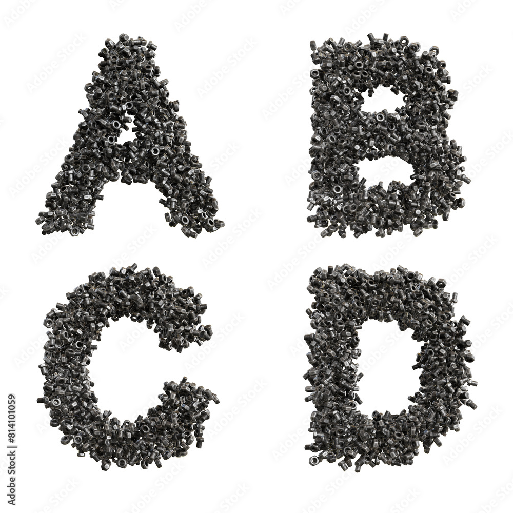 3d render of Nuts and bolts capital letter alphabet - letters A-D Stock ...