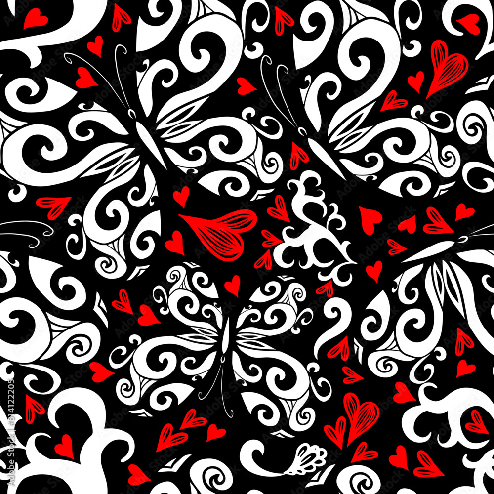 Graphic butterflies and red hearts seamless pattern on a dark ...