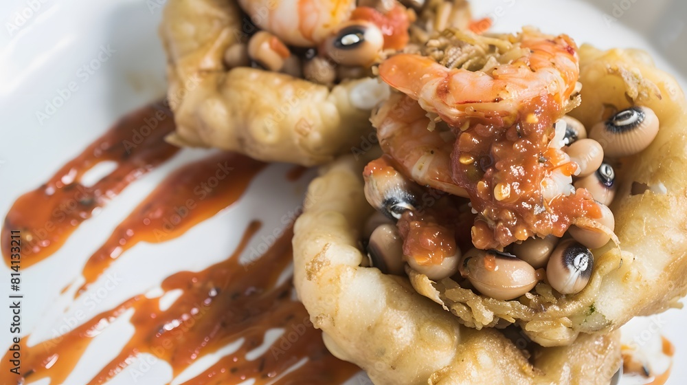 Acarajé, a deep-fried fritter made from black-eyed peas and filled with ...