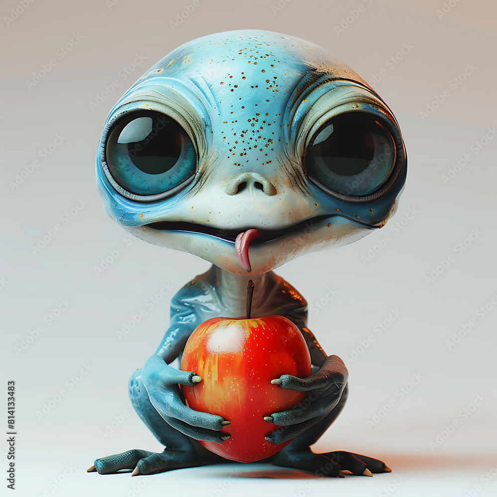 Cute blue cartoon alien with big eyes tastes a red apple with his long ...