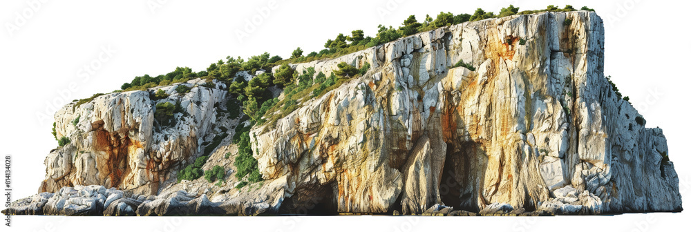 Imposing limestone cliffs with lush green foliage, sea cave entrance ...