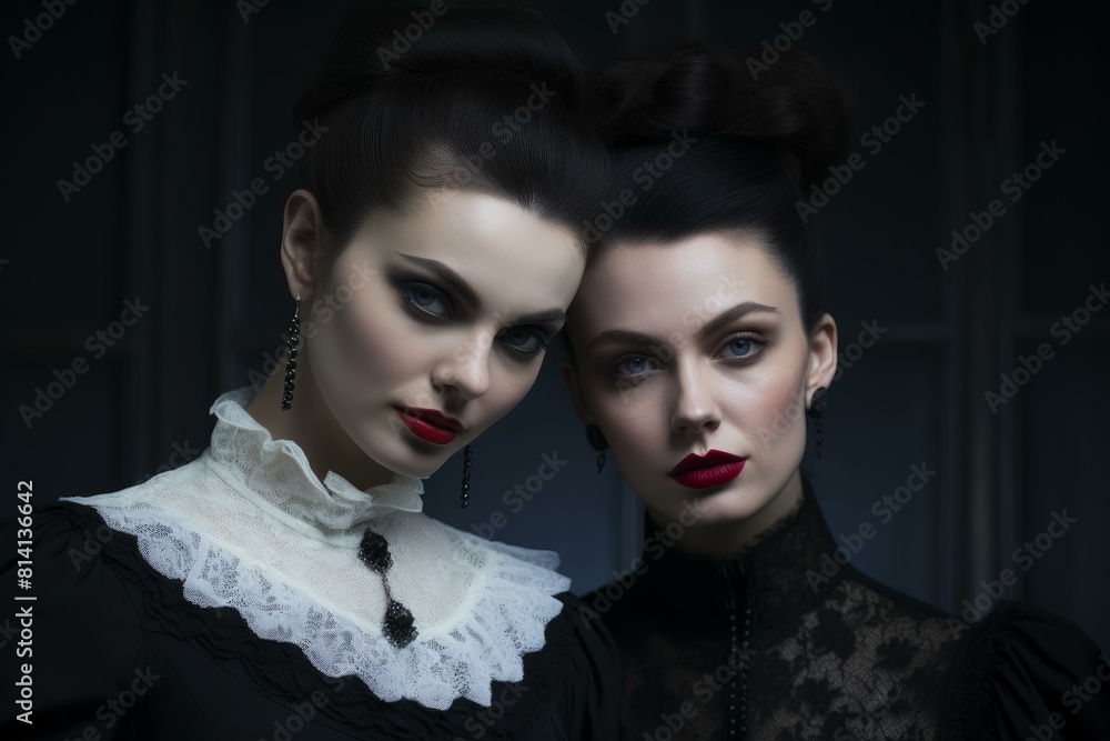 Back view photo of two vampire women. Horror gothic dark scene of night ...