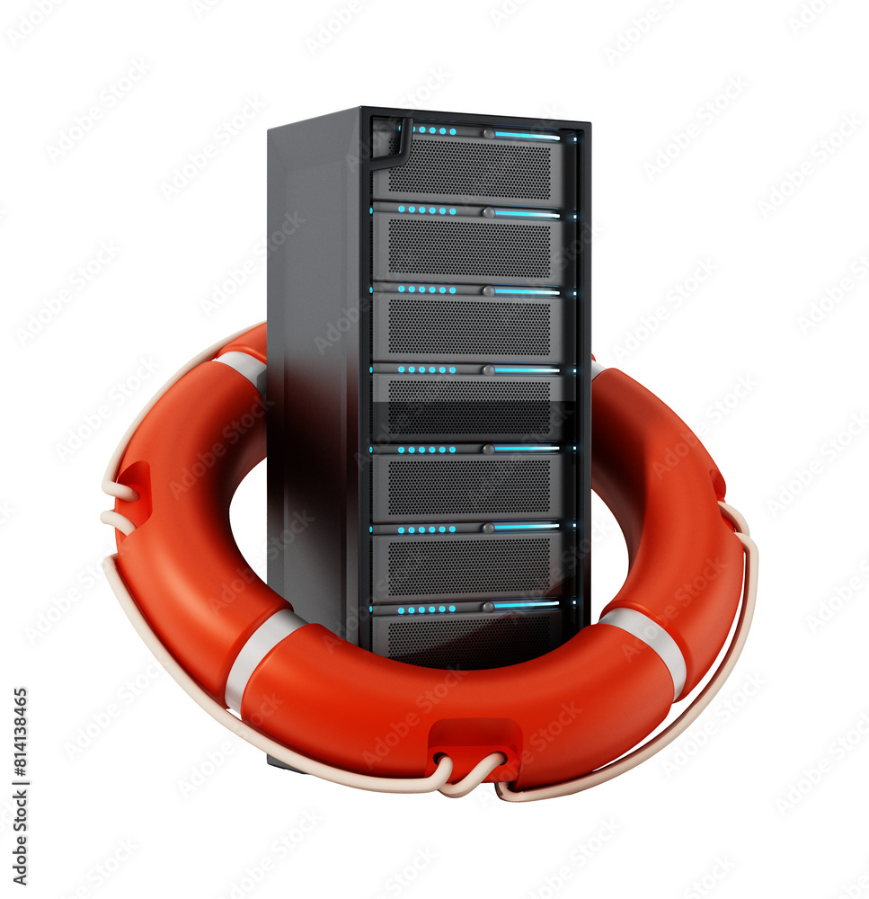 Network server in red life buoy. Network safety concept. Transparent ...