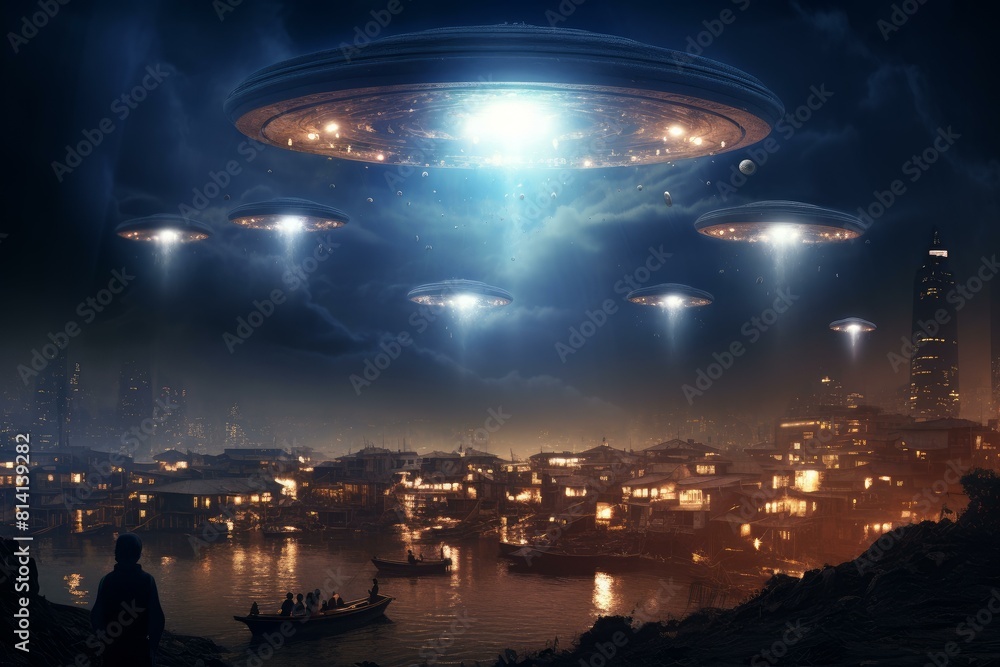 Surreal image of multiple ufos hovering over a city at night, casting a mystical glow on the ...