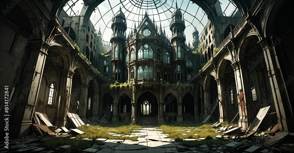 Gothic baroque architecture overgrown castle palace with large glass ...