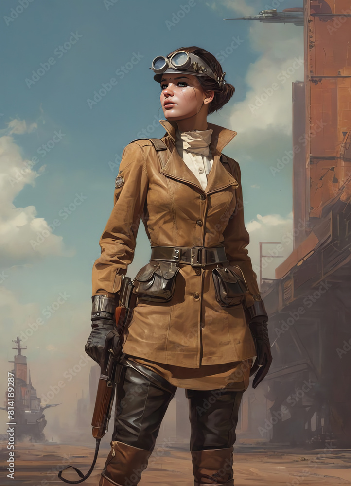 A dieselpunk woman warrior. A woman wearing a leather jacket and ...