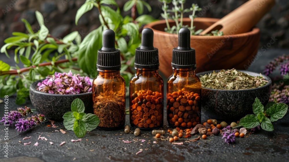 traditional indian medicine concept with ayurvedic medicine bottles ...