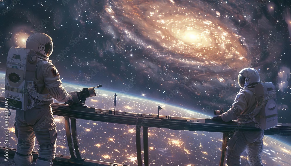 Show a team of astronauts on a starship bridge, observing a newly ...