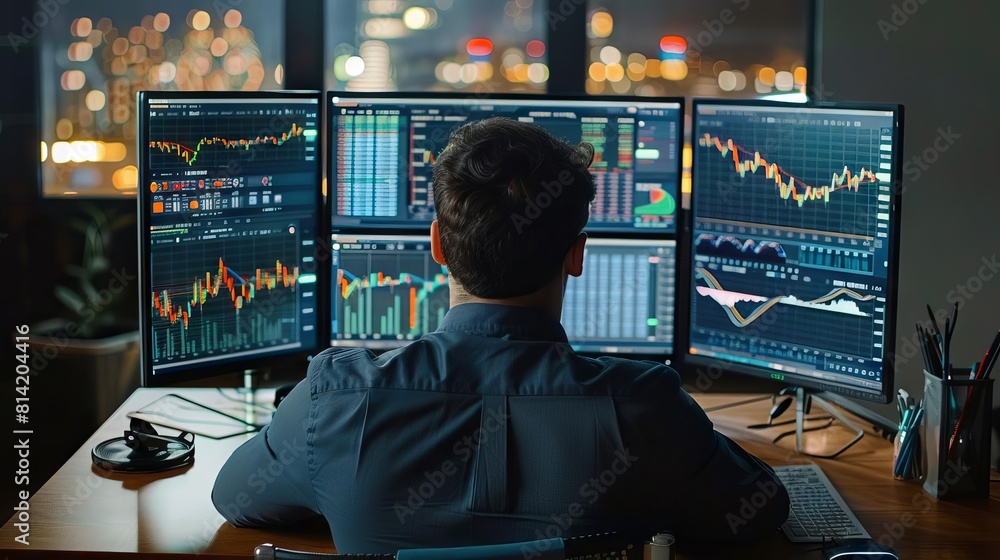 A financial analyst at work with dual monitors, each screen filled with AIenhanced market ...