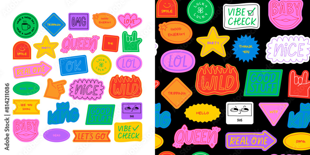 Fun colorful sticker set. Retro 90s style hand drawn doodle quote label ...