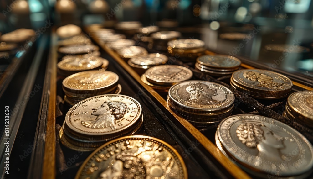 Showcase a historic coin collection in a museum, with ancient ...