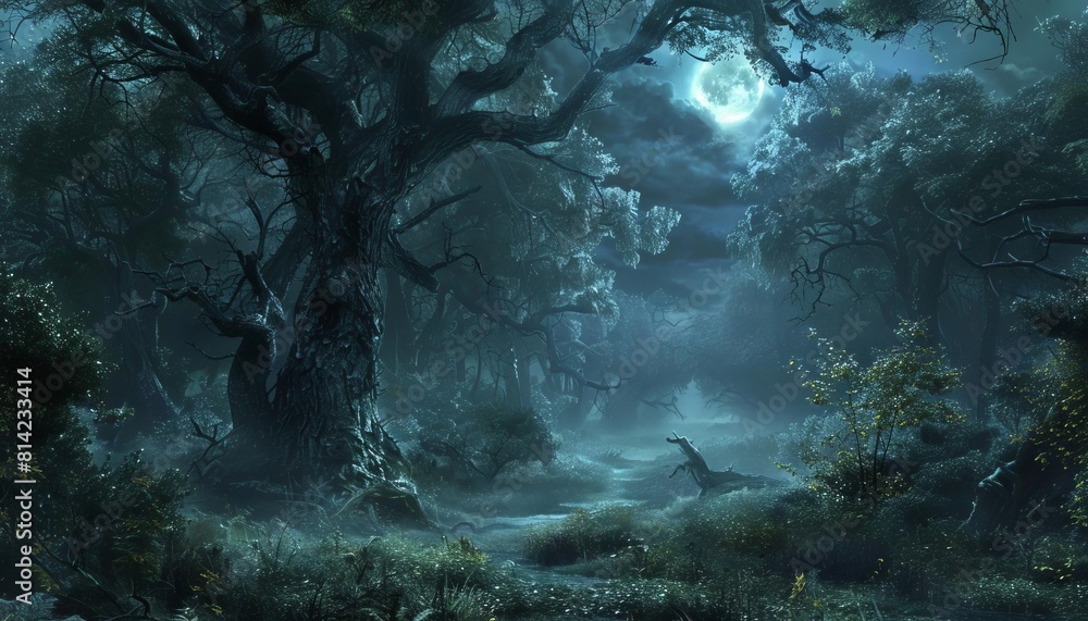 Visualize a mysterious forest shrouded in mist, where ancient myths and ...