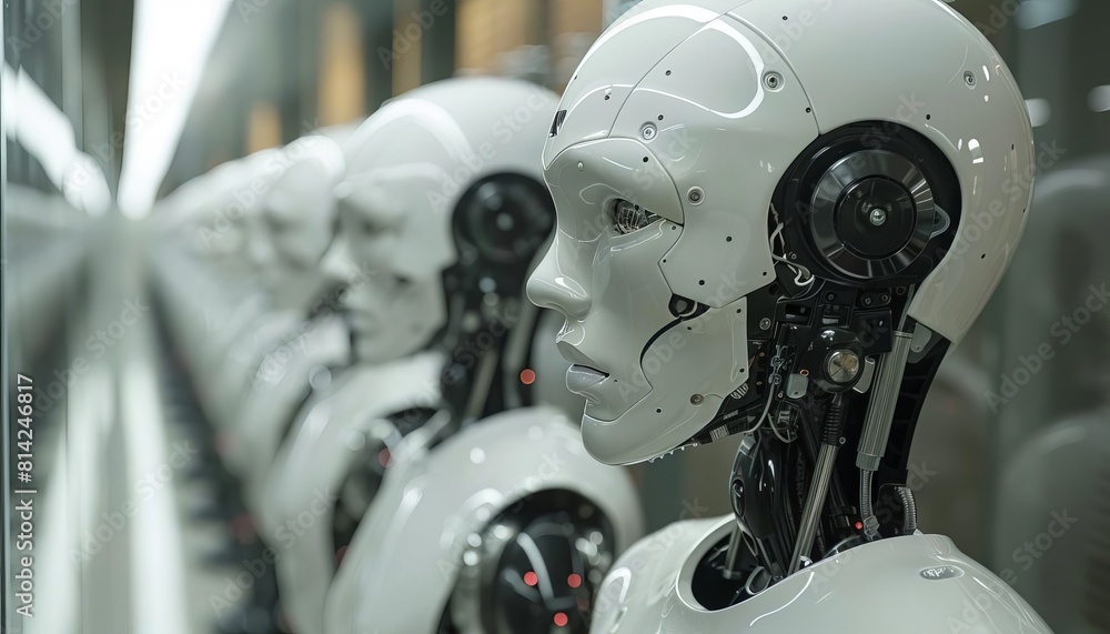 Visualize a robotics lab where engineers are programming humanoid robots to perform complex ...