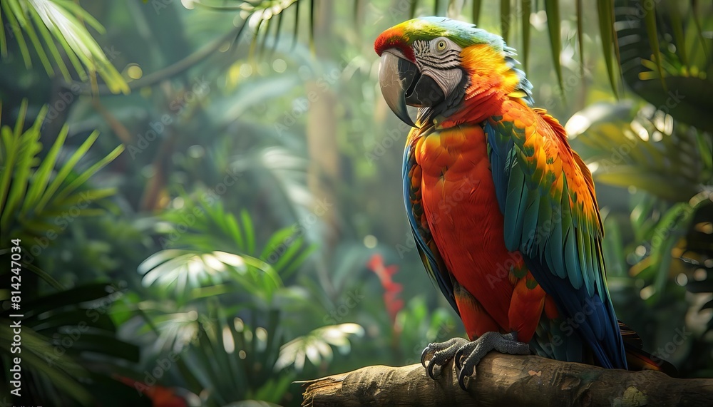Visualize a vibrant macaw parrot perched on a branch inside a large ...