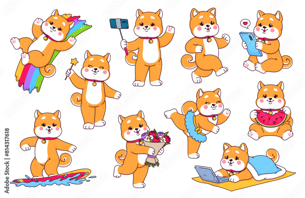 Cartoon Japanese happy Shiba Inu puppy dog characters and cute kawaii ...