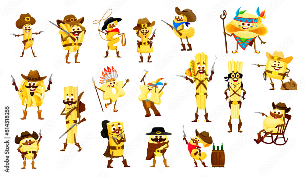Cartoon Italian pasta cowboy and sheriff, bandit and robber, ranger and ...