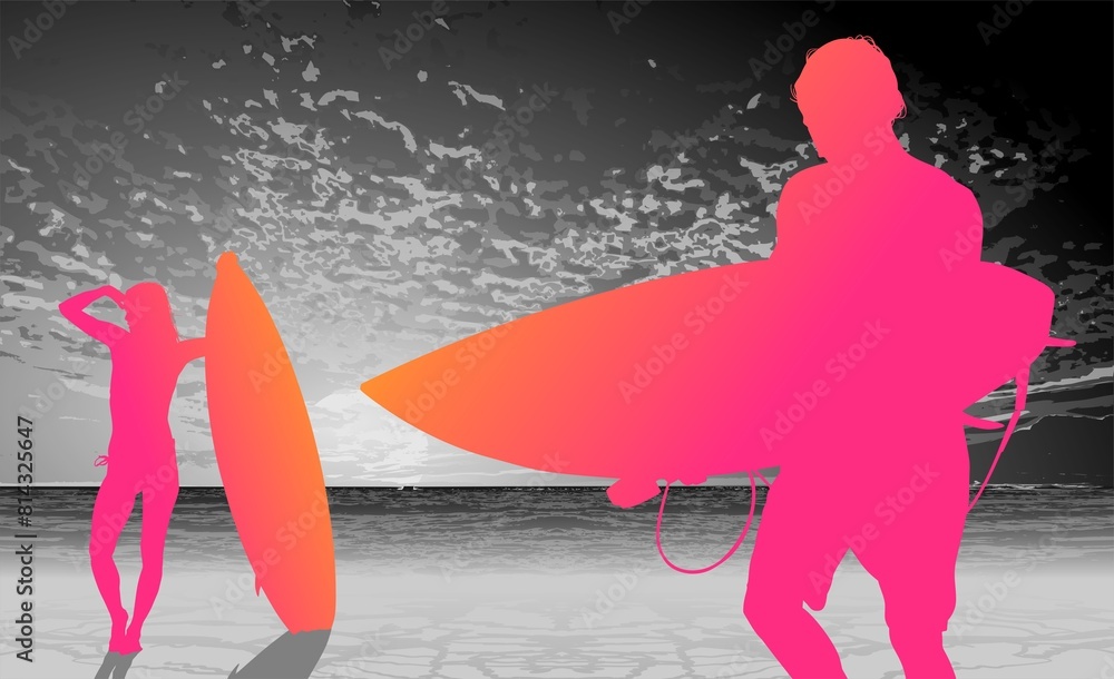 surfistas, contraluz, vector, tabla, surf, mar, atardecer, mujer ...