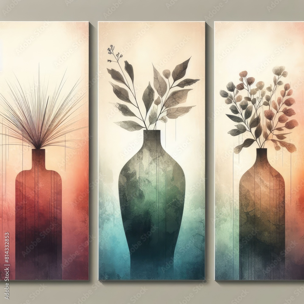 triptych of images featuring vases with plants. Each panel should have ...