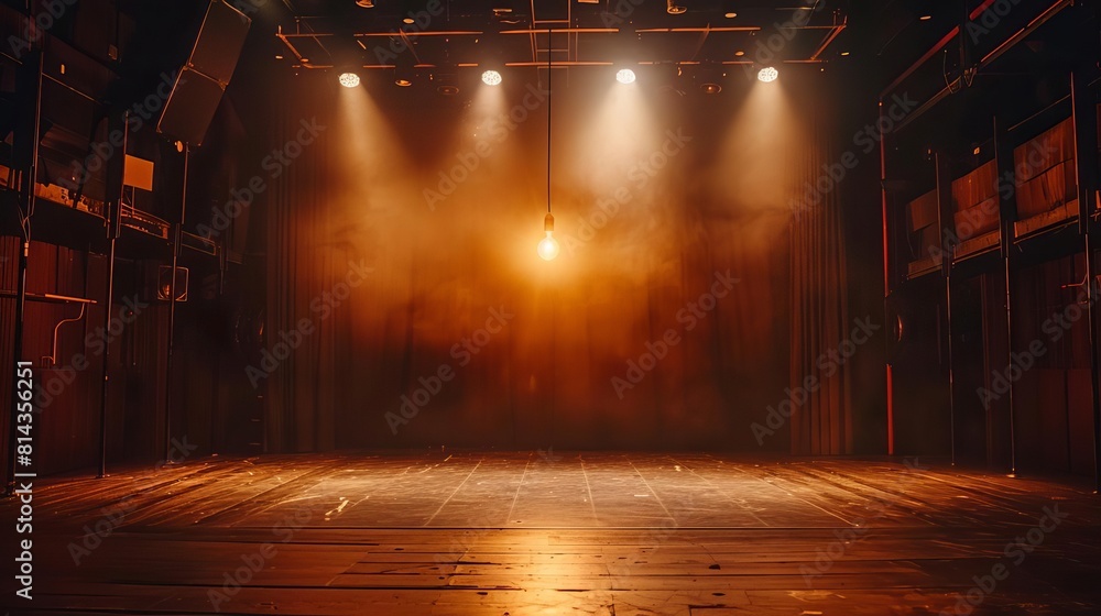 An empty stage with a spotlight as a single light bulb, focusing on the ...