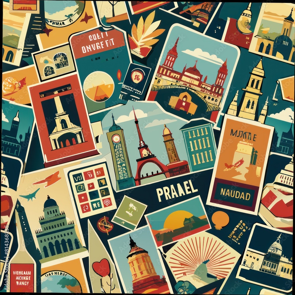 Seamless pattern of vintage postcards from around the world, each ...